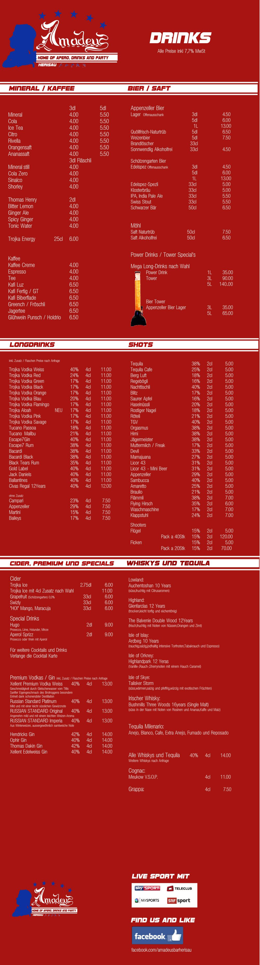 Amadeus Bar Herisau - Getränkekarte